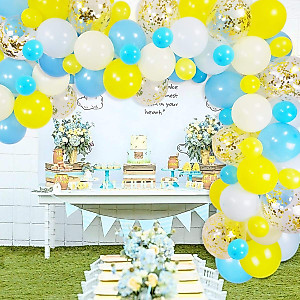 Pooh Bear Balloon Arch & Garland Kit, 70 Pack 12" 5" Yellow Blue Latex Balloons Gold Confetti Balloon Strip Set for Baby Shower Kids Birthday Party Decorations Bachelorette Weeding Party Supplies