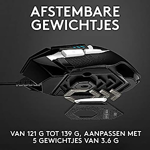 Logitech G502 Hero High Performance Gaming Mouse Special Edition, Hero 16K Sensor, 16 000 DPI, RGB, Adjustable Weights, 11 Programmable Buttons, On-Board Memory, PC/Mac - Black/White