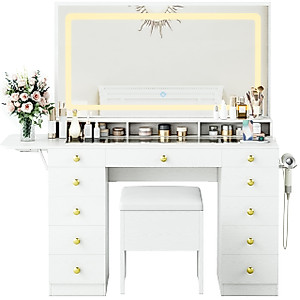 IRONCK Vanity Desk with Mirror and LED Lights, Makeup Vanity with 11 Drawers and Power Outlet, 45" Glass Top Vanity Table with Storage Stool, Adjustable Brightness, Vanity Set for Bedroom, White