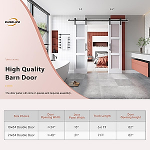 EaseLife 42in x 84in (Double 21in×84in Door) Glass Barn Door with 7FT Sliding Double Door Hardware Kit Included & Handle,Solid MDF Inside Covered with Water-Proof PVC Surface,3-Panel Glass,White