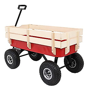 Red and White Garden Wagon Cart,Gorilla Cart,Wheelbarrow,Beach Wagon with Big Wheels for Sand,Utility Garden Iron Wood Four Wheel Garden Wagon for Outdoor Camping,Nurseries,Greenhouse