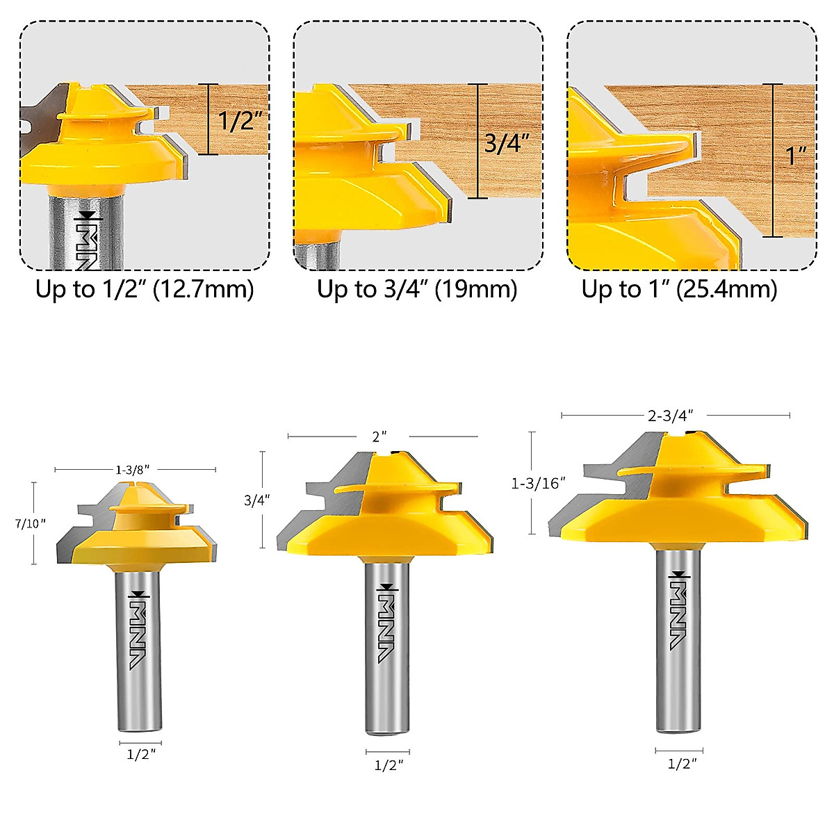 MNA 45 Degree Lock Miter Router Bit 3-Piece Set, for 1/2”, 3/4”, 1” Cutting Height, 1/2 Inch Shank. Easy to Create Lock Miter Joint