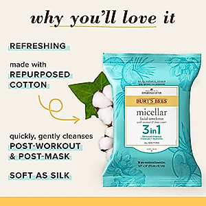 Burt's Bees, 3 in Facial Cleanser Towelettes and Makeup Remover Wipes and Made Repurposed Cotton, Micellar with Coconut & Lotus Water, 30 Count (Pack of 2)