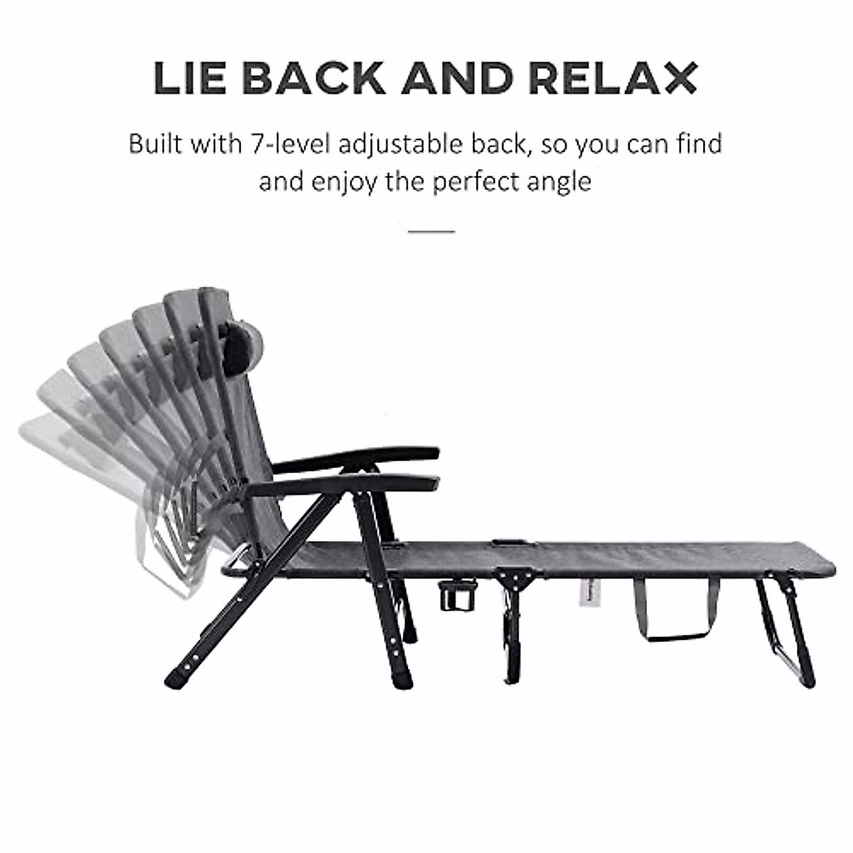 Outsunny Outdoor Folding Chaise Lounge Chair, Mesh Fabric Pool Chair with Adjustable Backrest, Pillow and Cup Holder for Poolside, Deck, and Backyard, Grey