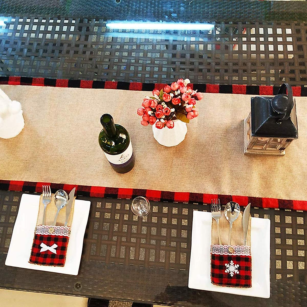 Vanteriam Natural Burlap Cutlery Holder Pouch Bags with Lace Trim, Knife and Fork Silverware Hold Bag, Christmas Utensil Holder Table Decoration for Christmas and Wedding Party 12 Pack