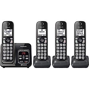 PANASONIC Expandable Cordless Phone System with Link2Cell Bluetooth, Voice Assistant, Answering Machine and Call Blocking - 4 Cordless Handsets - KX-TGD564M (Metallic Black)