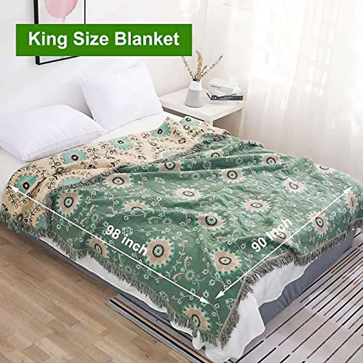 Skrmisda Bohemian Throw Blanket, Boho Blankets 90x98 Inch King Cotton Reversible Ultra Soft Light Quilt Comfy Cozy Bedding Coverlet Sofa Throw(Green+Beige)