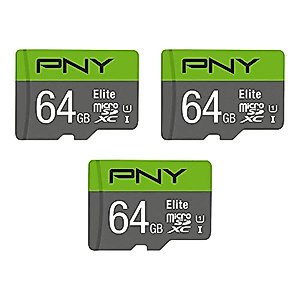 PNY 64GB Elite Class 10 U1 microSDXC Flash Memory Card 3-Pack - 100MB/s, Class 10, U1, Full HD, UHS-I, Micro SD