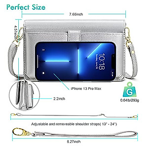 nuoku Women Small Crossbody Bag Cellphone Purse Wallet with RFID Card Slots 2 Straps Wristlet, M Size Silver