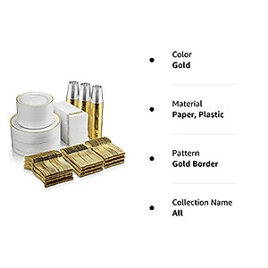Munfix 700 Piece Gold Dinnerware Set - 200 Gold Rim Plates - 300 Gold Silverware - 100 Gold Plastic Cups - 100 Linen Like Gold Paper Napkins, 100 Guest Disposable, Gold