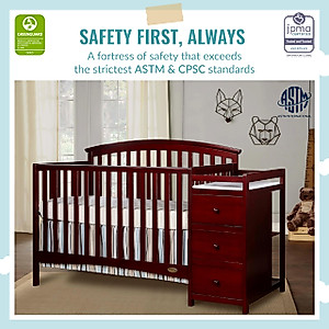 Dream On Me Niko 5-in-1 Convertible Crib with Changer in Cherry, Greenguard Gold Certified