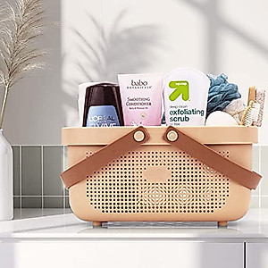 Brookstone BKH1634, Large Portable Shower Caddy with Soft Silicone Carrying Handle, Bathroom Organizer Basket, Plastic Bath Tote, Dries Quickly with Drainage Holes [BPA Free], Blush Color