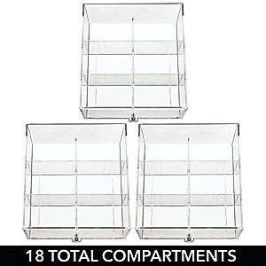 mDesign Plastic Wide Kitchen Pantry, Cabinet, Countertop Organizer Storage Station with 3 Drawers for Coffee, Tea, Sugar Packets, Sweeteners, Creamers, Drink Pods, Packets; 18 Sections - Clear