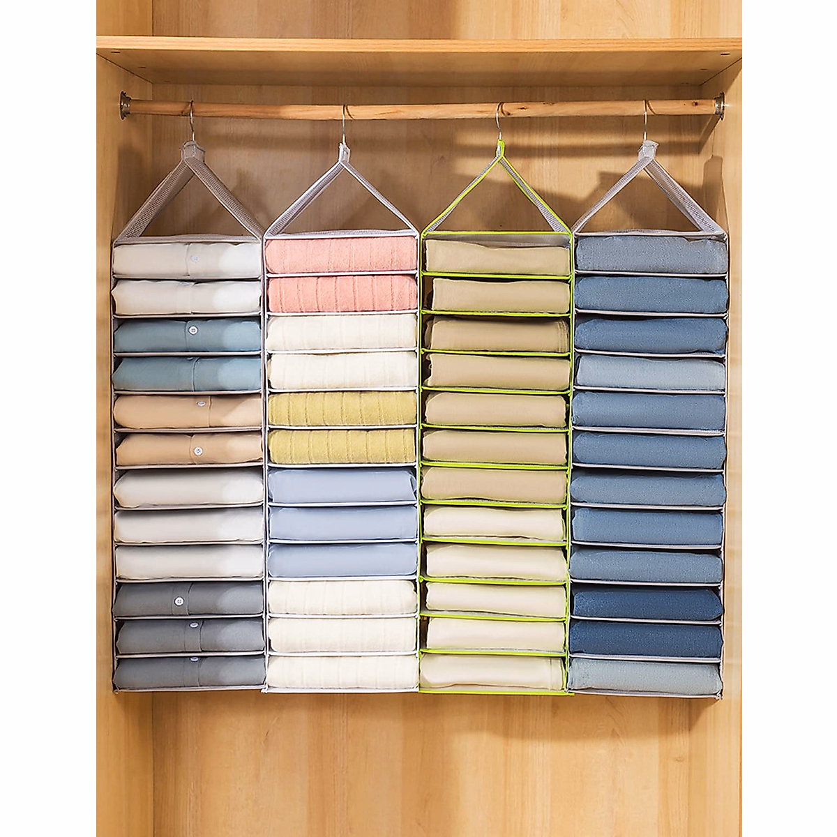 AARAINBOW 2 Packs Yoga Legging Storage Organizer Hanging Clothes Storage Shelf Short, Foldable Hanging Closet Organizer for T Shirt Tank Top 12 Shelves Hanging Organizer (Gray White)