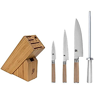Shun Cutlery Classic Blonde 5-Piece Starter Block Set, Kitchen Knife and Knife Block Set, Includes Classic 8” Chef, 6” Utility & 3.5” Paring Knives, Handcrafted Japanese Kitchen Knives