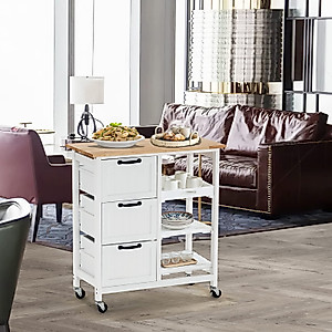 VINGLI Kitchen Island, Rolling Kitchen Storage Cart with 3 Drawers 3 Tier Holders Serving Bar Cart Coffee Bar Small Kitchen Microwave Trolley with Natural Solid Wood Top Caster Home Furniture