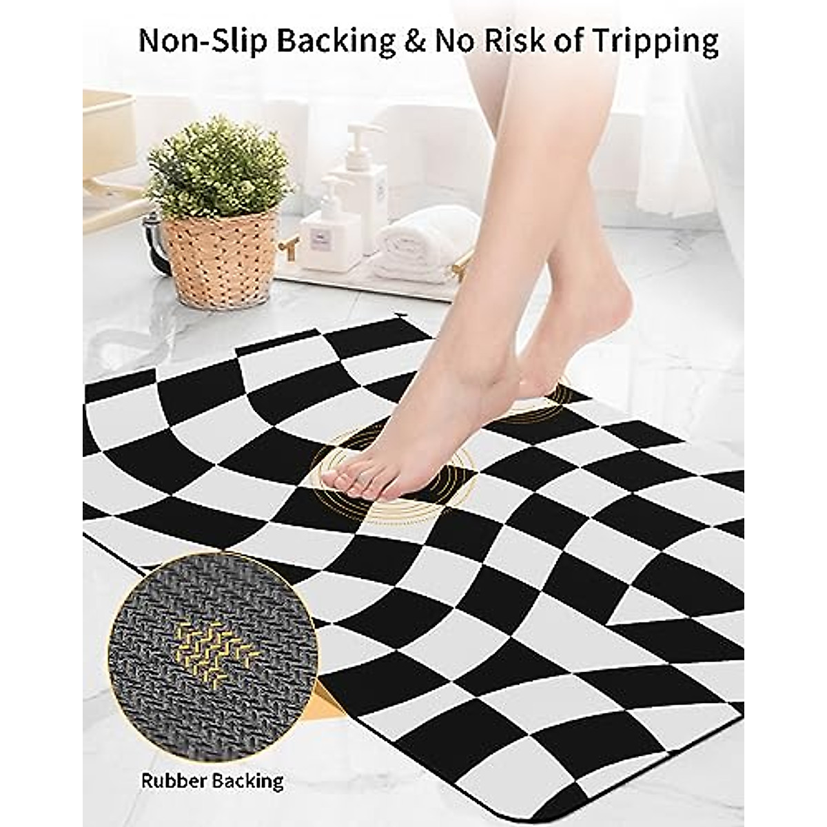Black White Bath Mat for Tub,Non Slip Bathroom Floor Runner Rug Quick Dry & Absorbent Diatomaceous Earth Kitchen Room Shower Sink Washable Doormat,Geometry Checkered Flag Modern Abstract Dizz 16"x24"