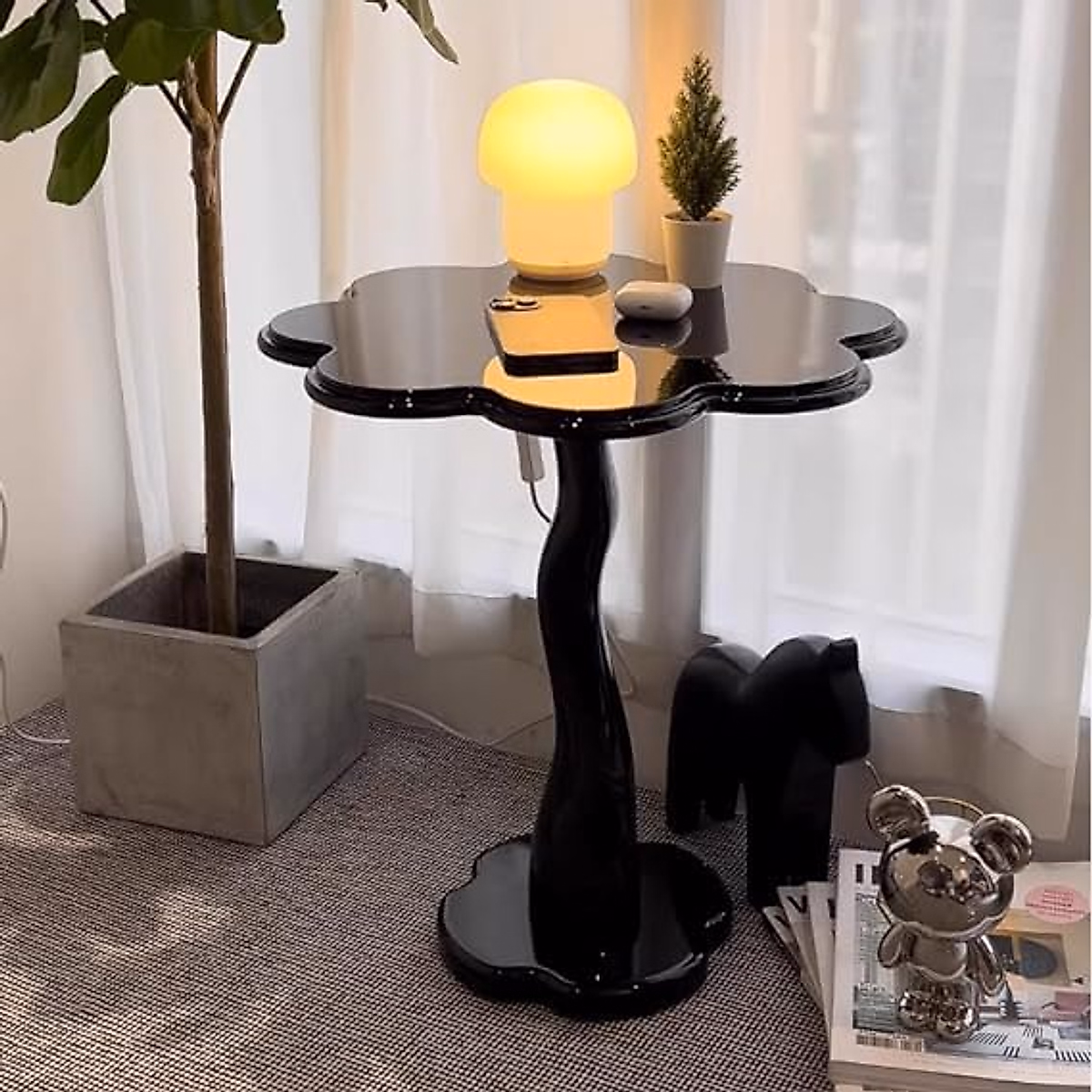 Modern Sofa Side End Table Wooden Flower Shape Side Tables Living Room Small Accent Table with Round Pedestal, Wave-Design Couch Corner Tables Coffee Table for Home Decor (Black)
