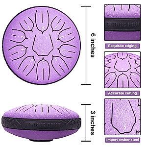 Lronbird Steel Tongue Drum 6 Inch 11 Notes Hand Drums with Bag Sticks Music Book, Sound Healing Instruments for Musical Education Entertainment Yoga Chakra Gifts (Lavender)