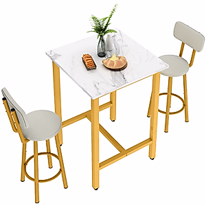 Lamerge 3 Pieces Bistro Dining Set for 2 Kitchen Square Breakfast Table Set Bar Table Space Saving Faux Marble Top and Upholstered Chairs Set for Apartment Dining Room with Gold Metal Frame