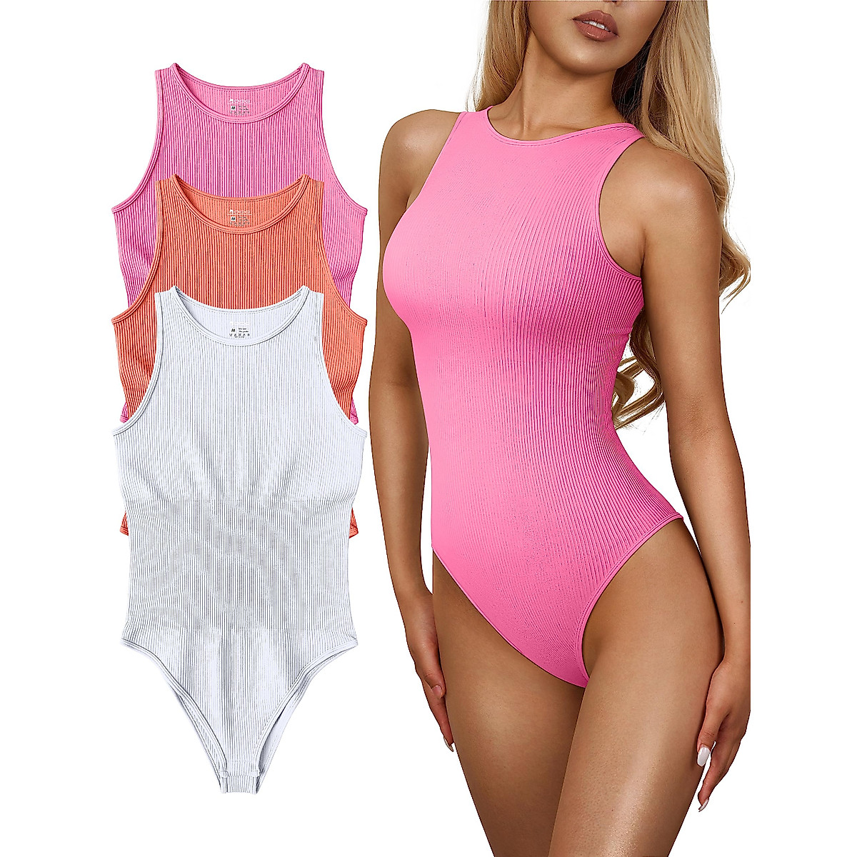 OQQ Women's 3 Piece Bodysuits Sexy Ribbed One Piece Sleeveless Halter Neck Tops Leotard Summer Trendy Phosphor Coral-Orange White