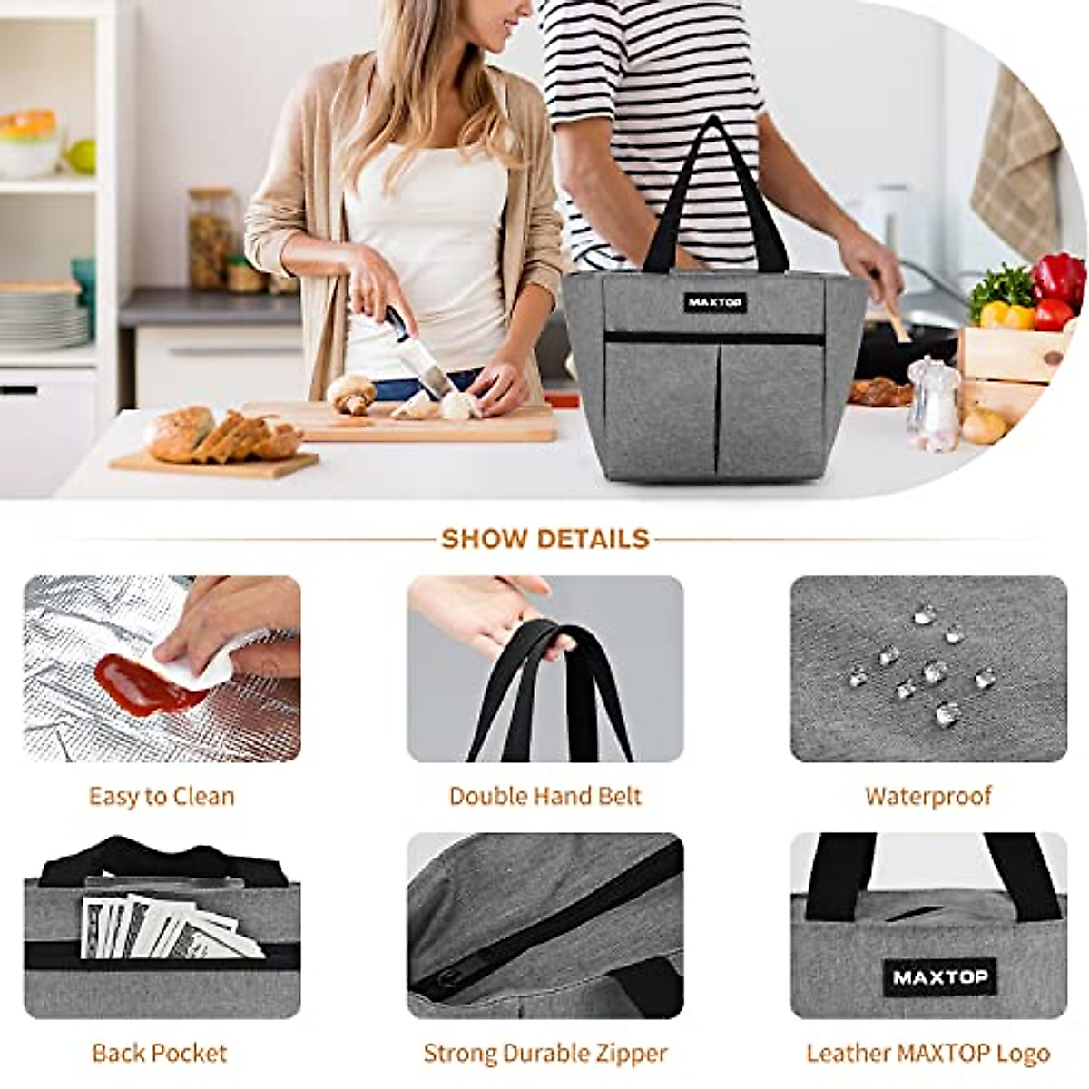 MAXTOP Lunch Bags for Women,Insulated Thermal Lunch Tote Bag,Lunch Box with Front Pocket for Office Work Picnic Shopping (Black, Small)