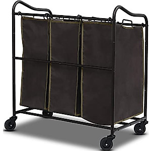 Simple Houseware Heavy Duty 3-Bag Laundry Sorter Rolling Cart + Foldable Laundry Hamper Basket with Lid, Brown