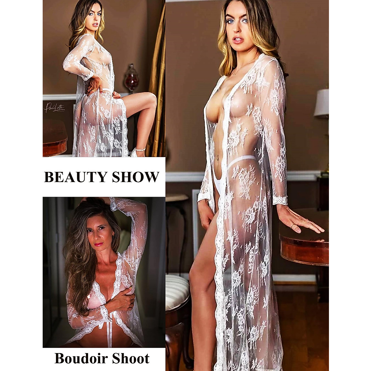 Avidlove Lace Kimono Lingerie Sexy Robe Gown Dress See-Through Coverup Babydoll White M