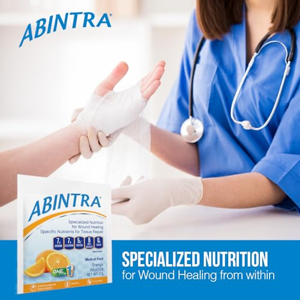 ABINTRA Specialized Wound Healing Nutritional Supplement includes L-Arginine, L-Glutamine, Whey Protein, Vitamins and Minerals, Orange Flavor, 6 Packets, 27g Each, Made in The USA