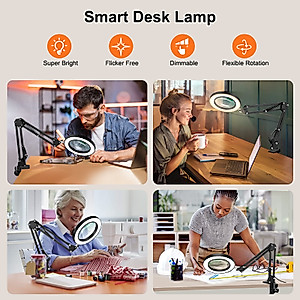 BRISON Magnifying Desk Lamp with Clamp, 3 Adjustable Light, 10 Brightness 8X Magnifier Lamps for Reading/Office/Soldering/Crafts, Swing Arms LED Desk Lamp with Sleep Timer Function
