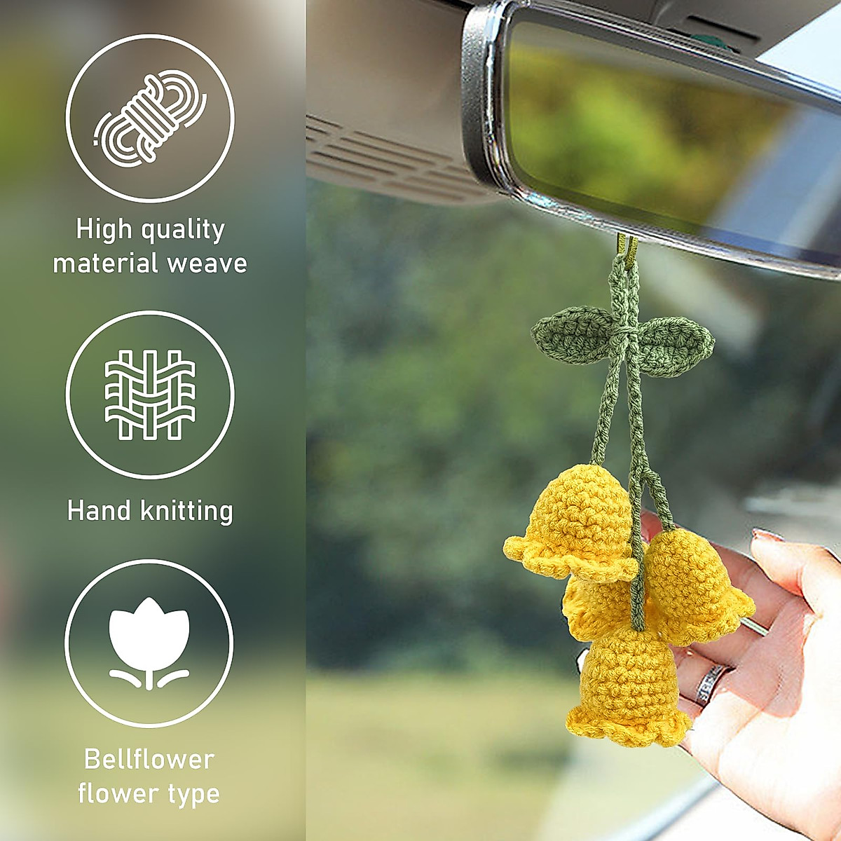 Kewucn Car Mirror Hanging Accessories, Bellflower Hand Knitted Auto Pendant, Vehicle Rear View Mirror Hanging Ornament Decoration, Suitable for Car, Handbag, Backpacks, Keychain (Yellow)