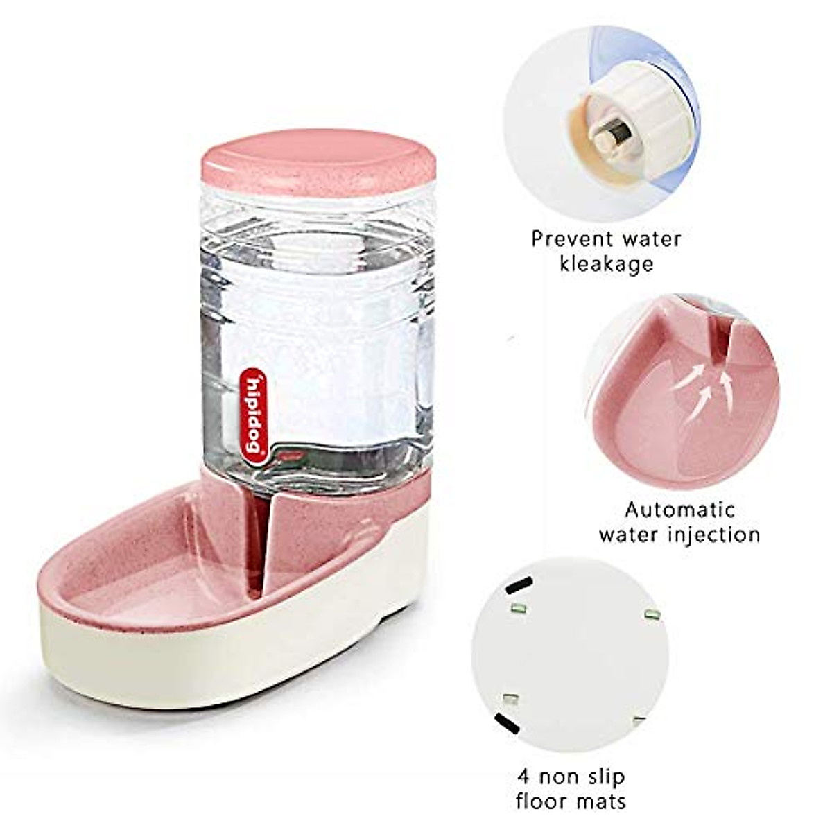 Automatic Cat Feeder Automatic Dog Water Dispenser 1 Gallon Double Bowl Design for Cats or Small Pets (Pink Water)