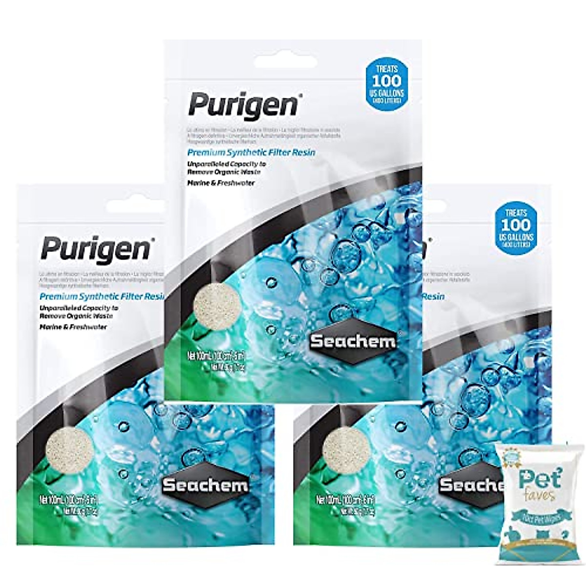 Pet Faves Seachem Purigen Organic Ultimate Filtration Resin 100ml (3 Pack) - Aquarium Fish Tank Filter Media for Freshwater & Saltwater with 10ct pet wipes