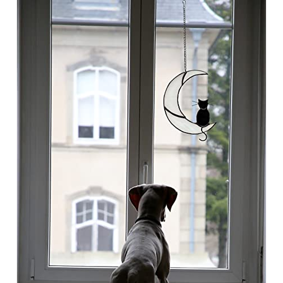 Black Cat Decor On White Moon Stained Glass Window Hanging Suncatcher for Windows Panels Sun Catcher Halloween Ornament Decoration Memorial Gift Cat for Lover Cat Loss