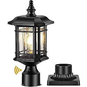 VIANIS Dusk to Dawn Post Lights Outdoor, Black Post Lantern with Pier Mount Base, Exterior Lamp Post Light Fixture, Waterproof Aluminum Body with Tempered Seeded Glass for Patio, Garden, Driveway