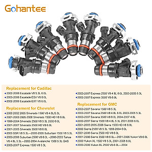 Fuel Injectors Compatible with Chevy Silverado 1500 2500 3500 Tahoe Replacement for GMC Sierra 1500 2500 3500 Tahoe 4.8L 5.3L 6.0L 2001-2006 Replace 17113553 FJ315 17113698 8pcs 4 Holes Injector