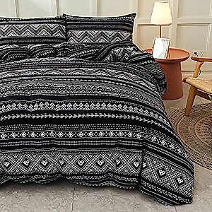 Lightweight Hotel Luxury Duvet Cover 3 Piece Set - Boho Black with White Geometry Ultra Soft Premium Microfiber Breathable Comforter Cover with Zipper Closure, Corner Ties King (104x90 inches)