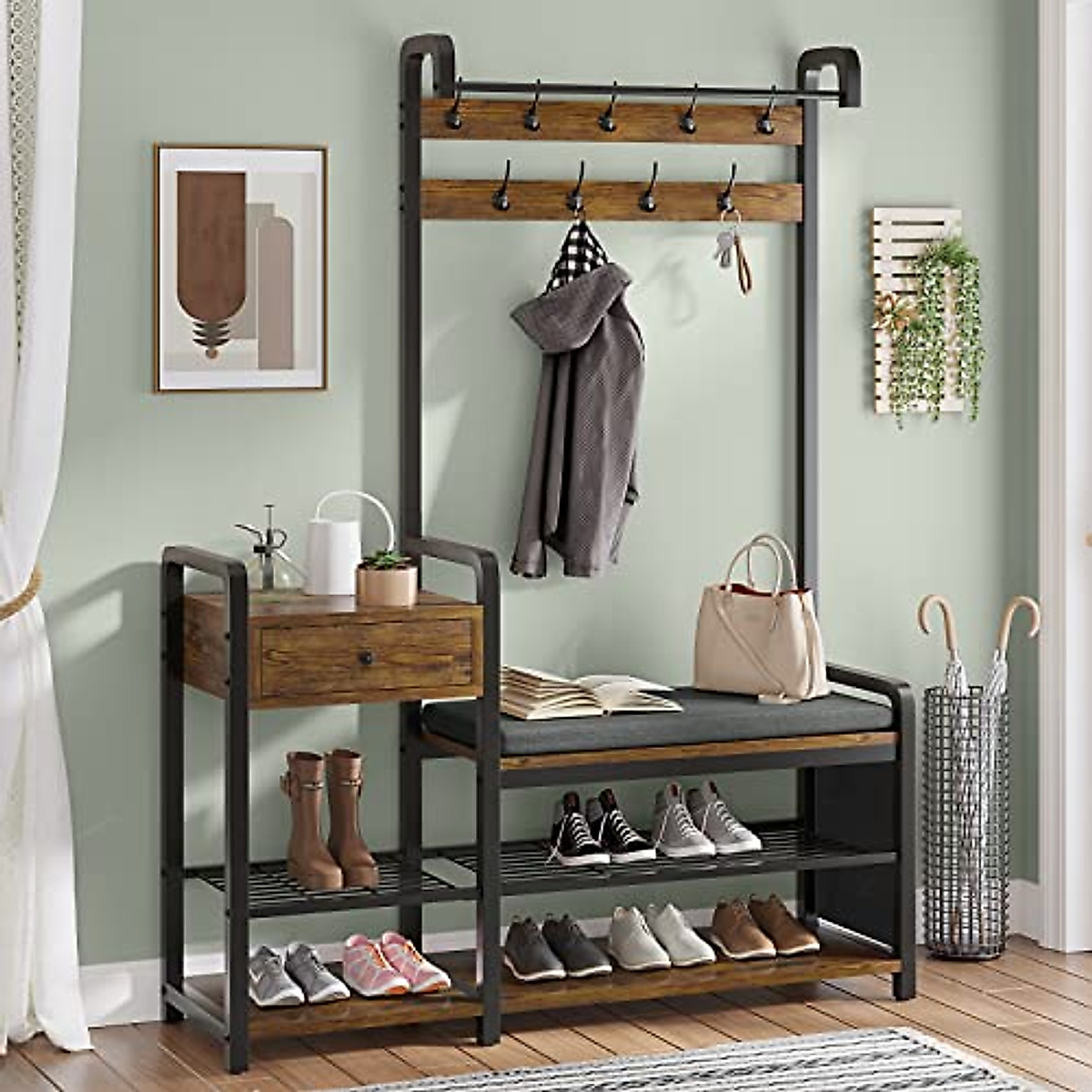 Itaar Hall Tree, Entryway Bench, Coat Rack Shoe Bench, Shoe Storage and Storage Drawer, Soft Cushion and Hanging Rod for Living Room, Bedroom, Rustic Brown