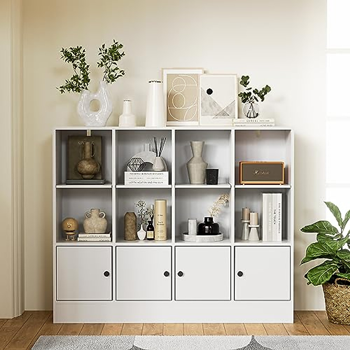 Anystyle White 12 Cube Bookshelf, 3-Tier Bookcase Storage Cabinet with 4 Doors for Bedroom, Living Room