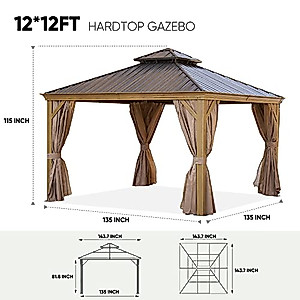 Bellemave 12'x12' Hardtop Gazebo with Galvanized Steel Double Roof, Aluminum Wood Grain Patio Canopy with Netting and Curtains, Heavy-Duty Outdoor Permanent Pavilion Garden, Patios, Lawns, Deck