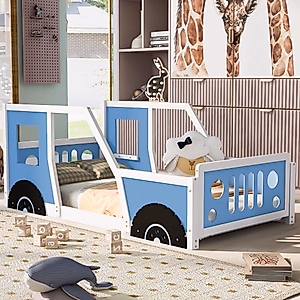 Acosure Twin Size Classic Car-Shaped Platform Bed with Wheels,Headboard and Footboard,Bedroom Wood Bed Frame W/No Box Spring Required,Easy to Assemble,for Kids Teens Girls Boys,Blue