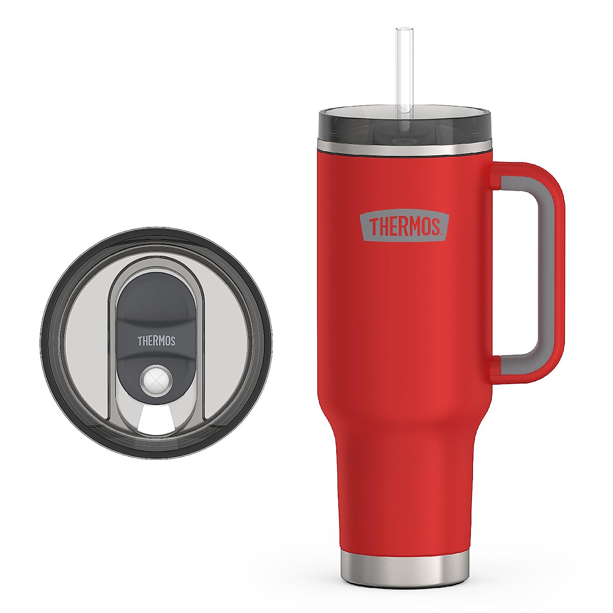 THERMOS Stainless Steel Cup Holder Mug - 40 Ounce, Crimson - Insulated Tumbler with Lid and Straw, Plus Leak-Resistant Slide Lock