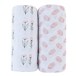 Adrienne Vittadini Bambini Jersey Cotton Standard Crib Sheets 2 Pack Watercolor Floral & Ovals, Pink