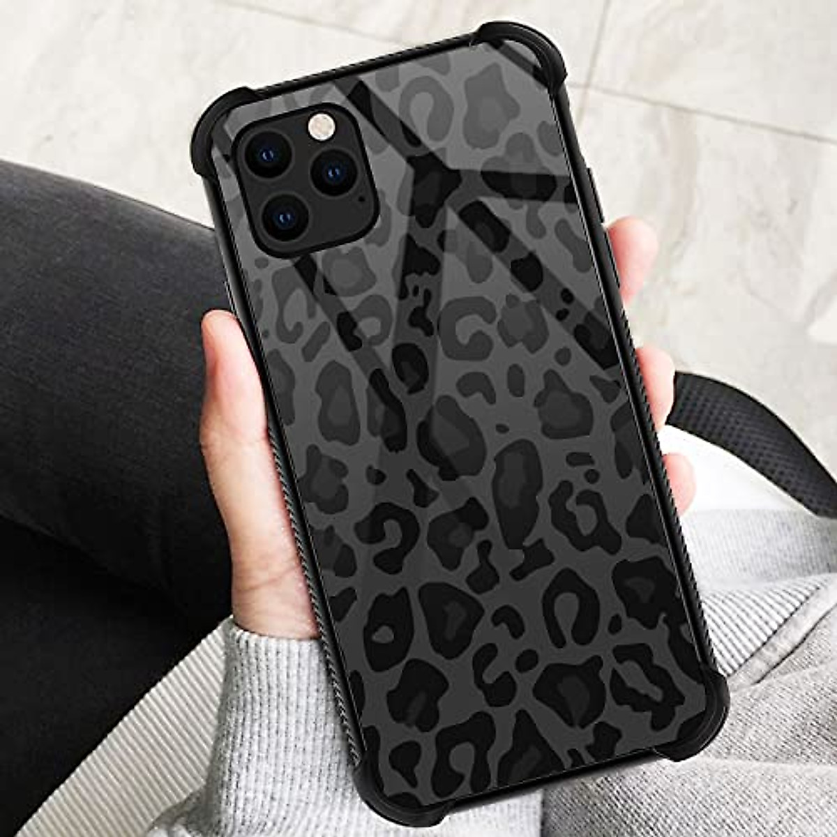 ZHEGAILIAN Case Compatible with iPhone 11 Pro,Black Grey Leopard Case for iPhone 11 Pro for Girls Women,Pattern Design Anti-Scratch Organic Glass Case for iPhone 11 Pro 5.8 inch
