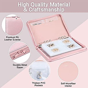 SKYREH Jewelry Travel Organizer Case, PU Leather Portable Jewelry Storage Book with Transparent Pockets Zipper Bag for Necklaces, Earrings, Bracelets (48 Grids + 48 Thicken PVC Bags), Rose Gold