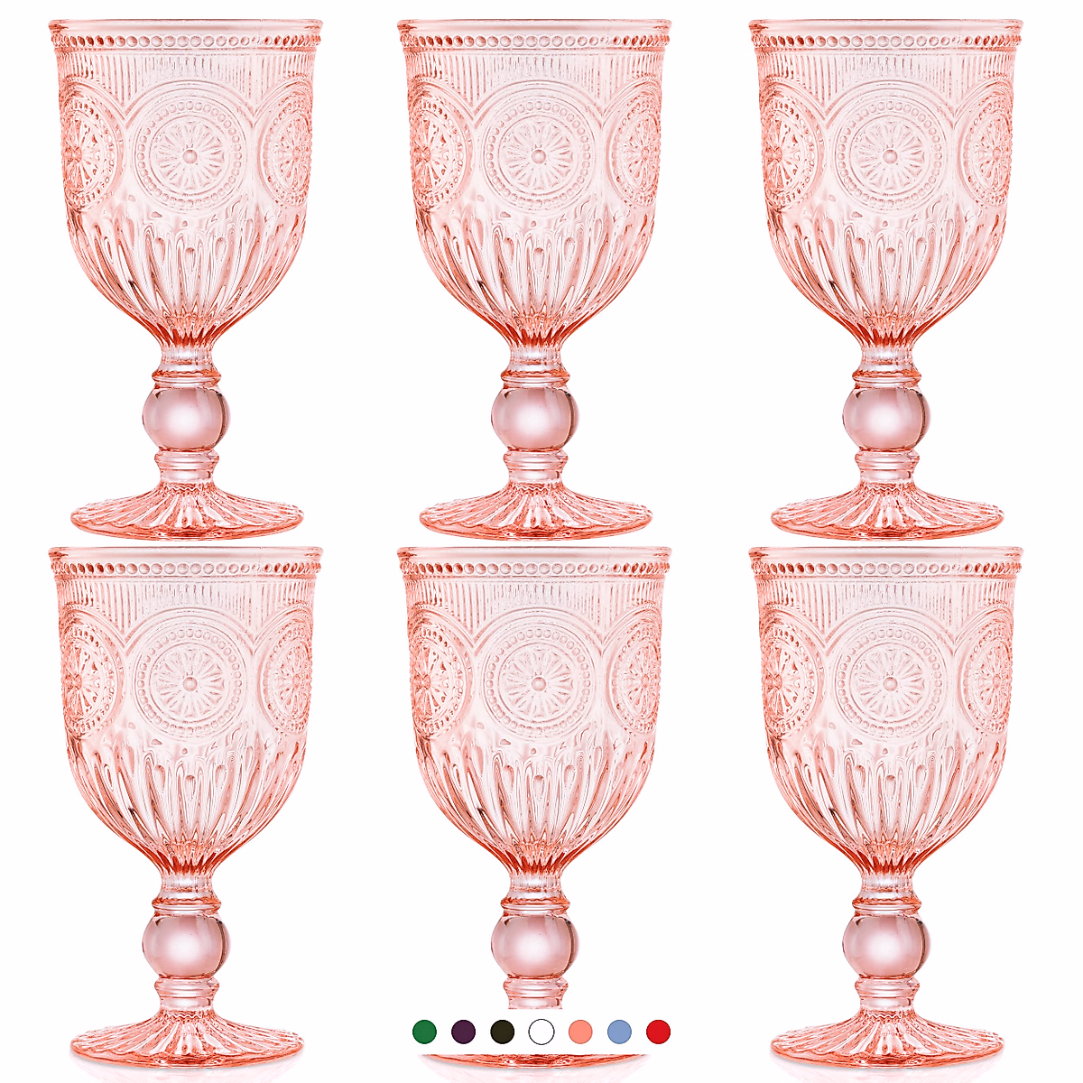 Pink Glassware Bundle - Vintage Glassware Collection for Party - Wine Glasses Set of Pink Goblets and 6 Pink Tall Tumblers - Matching Pink Drinking Glasses with Sunflower Emboss Design