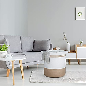 Hiromi Cotton Rope Basket - Decorative White Storage Bins for Room Organization - Firm Woven Hamper for Laundry - Toys, Towel, Cushion, Throw Pillow, Blanket Holder with Durable Handles - 16in x 18in Brown