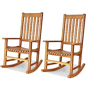 Tangkula Acacia Wood Porch Rocking Chair Set, Wooden Rocking Chair Rocker with High Back & Armrest for Indoor Outdoor Use, Patio Rocker for Garden Lawn Balcony Backyard Poolside (2, Teak)