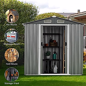Goplus 6' x 4' Outdoor Storage Shed, Weather-Resistant Galvanized Metal Tool House w/ 4 Air Vents, Lockable Sliding Doors, Ramp, Gloves, Utility Tool Organizer for Garden, Farm, Yard