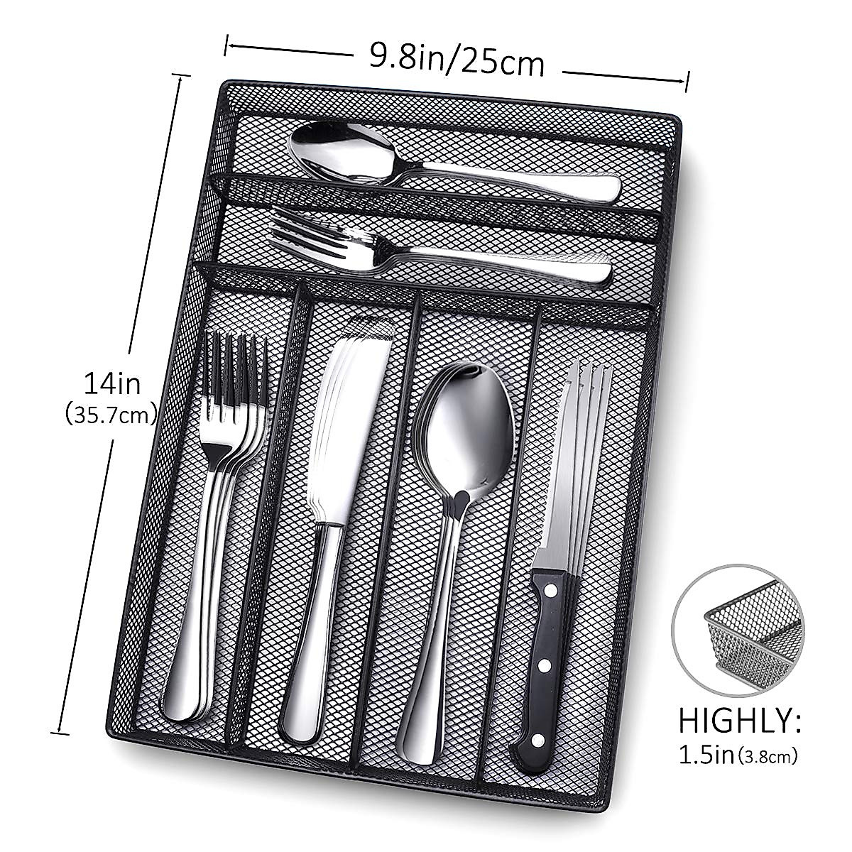 Teivio 36 Piece Silverware Set, Flatware Utensils Set Mirror Polished, Dishwasher Safe Service for 6, Include Knife/Fork/Spoon/Steak Knife/Wire Mesh Steel Cutlery Holder Storage Trays (Silver)